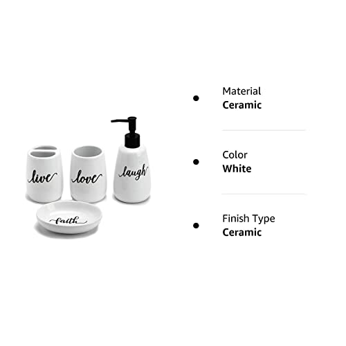 Adavas.Y&G Bathroom Accessory Sets with Sweet Quotes, Durable Ceramic Set W/Toothbrush Holder,Soap Dispenser,Tumbler, Soap Dish,Great for Farmhouse Decor (White 1)
