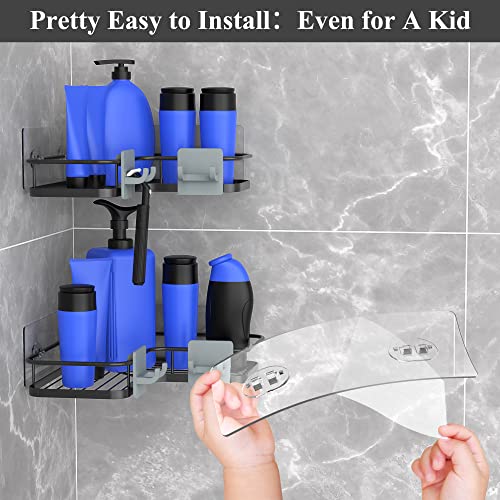 Nieifi Corner Shower Caddy Shelf Organizer Shelves Basket with Hooks, Bathroom Adhesive Shampoo Holder 2 Pack, No Drilling No Rust Black