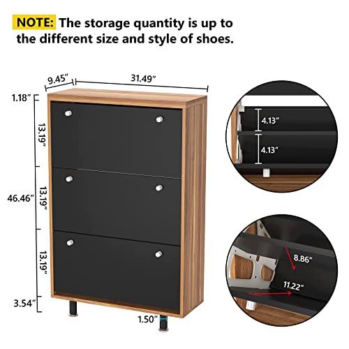 Tribesigns 3 Drawer Shoe Cabinet, Freestanding Shoe Rack Storage Organizer with Flip Door, Modern Tipping Bucket Shoe Cabinet for Entryway, Hallway, Bedroom, Small Spaces, Walnut & Black