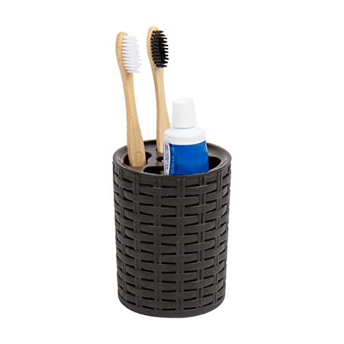 Mind Reader Basket Collection, 4 Piece Bathroom Set Includes: Square Wastepaper Pedal Basket, Toothbrush Holder, Liquid Soap Dispenser and Soap Dish, Wicker Style, Bathroom, 4 Piece Set, Brown