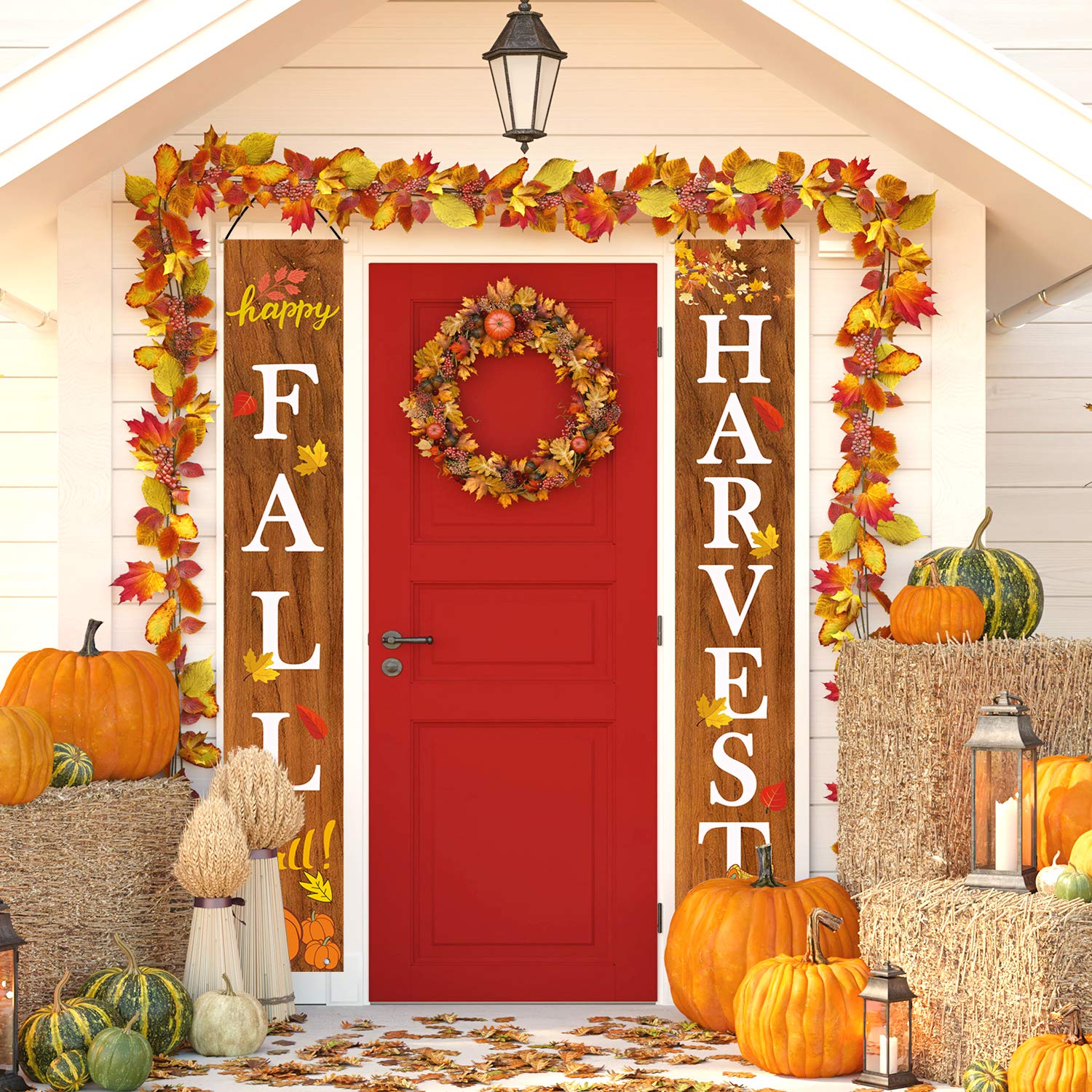 Whaline Fall Harvest Hanging Banner, Fall Porch Sign Autumn Pumpkin Maple Leaf Backdrop Flag for Home Yard Indoor Outdoor Wall Door Thanksgiving Party Decorations, 12 x 72 Inch