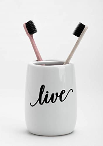 Adavas.Y&G Bathroom Accessory Sets with Sweet Quotes, Durable Ceramic Set W/Toothbrush Holder,Soap Dispenser,Tumbler, Soap Dish,Great for Farmhouse Decor (White 1)