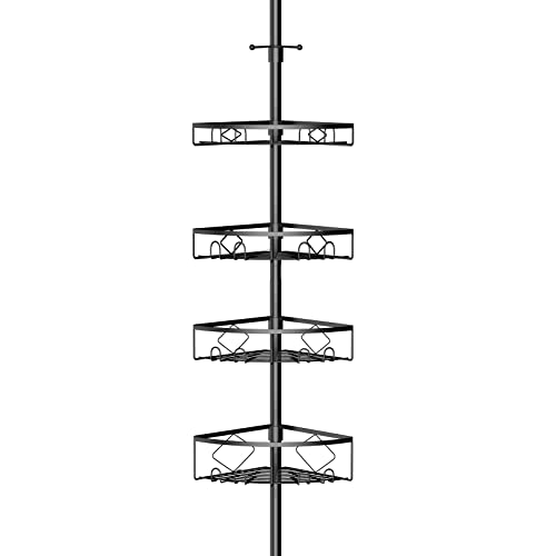 Kadolina Corner Shower Caddy Tension Pole, 4 Tier Shower Basket Shelves, 53-120 inch Adjustable Height Shower Storage Rack, Bathroom Bathtub Shampoo Holder Organizer Shower Accessories (Black)
