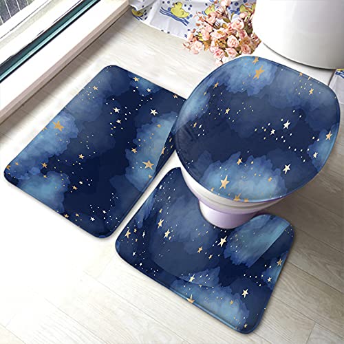 Stars Clouds Bathroom Antiskid Pad Watercolor Gold Shining Constellations Night Sky Dark Blue Pattern Non Slip Bathroom Rugs Sets 3 PCS Bath Mat Contour Toilet Lid 16x24