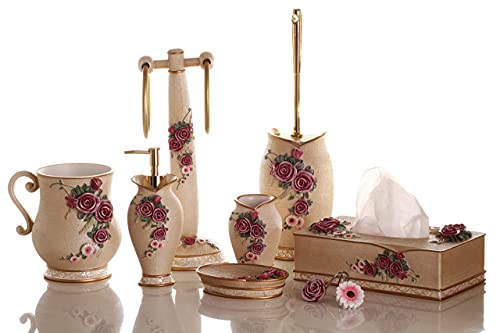 Glarcy Bathroom Accessories Set - Soap Dispenser, Tumbler/Toothbrush Holder, and Vanity Tray - Luxury Hand Painted Decor