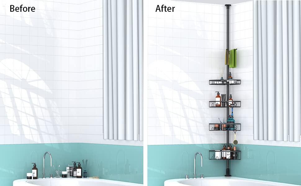 Kadolina Corner Shower Caddy Tension Pole, 4 Tier Shower Basket Shelves, 53-120 inch Adjustable Height Shower Storage Rack, Bathroom Bathtub Shampoo Holder Organizer Shower Accessories (Black)