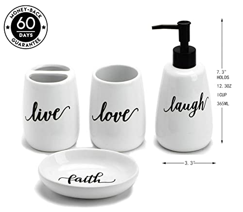 Adavas.Y&G Bathroom Accessory Sets with Sweet Quotes, Durable Ceramic Set W/Toothbrush Holder,Soap Dispenser,Tumbler, Soap Dish,Great for Farmhouse Decor (White 1)