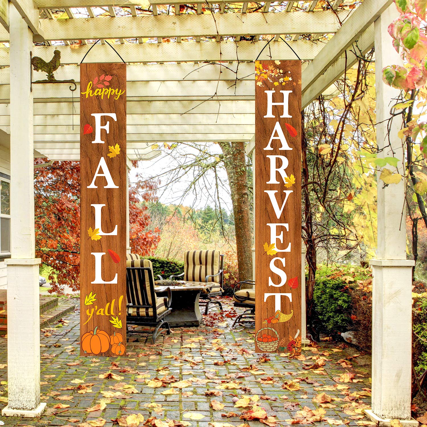 Whaline Fall Harvest Hanging Banner, Fall Porch Sign Autumn Pumpkin Maple Leaf Backdrop Flag for Home Yard Indoor Outdoor Wall Door Thanksgiving Party Decorations, 12 x 72 Inch