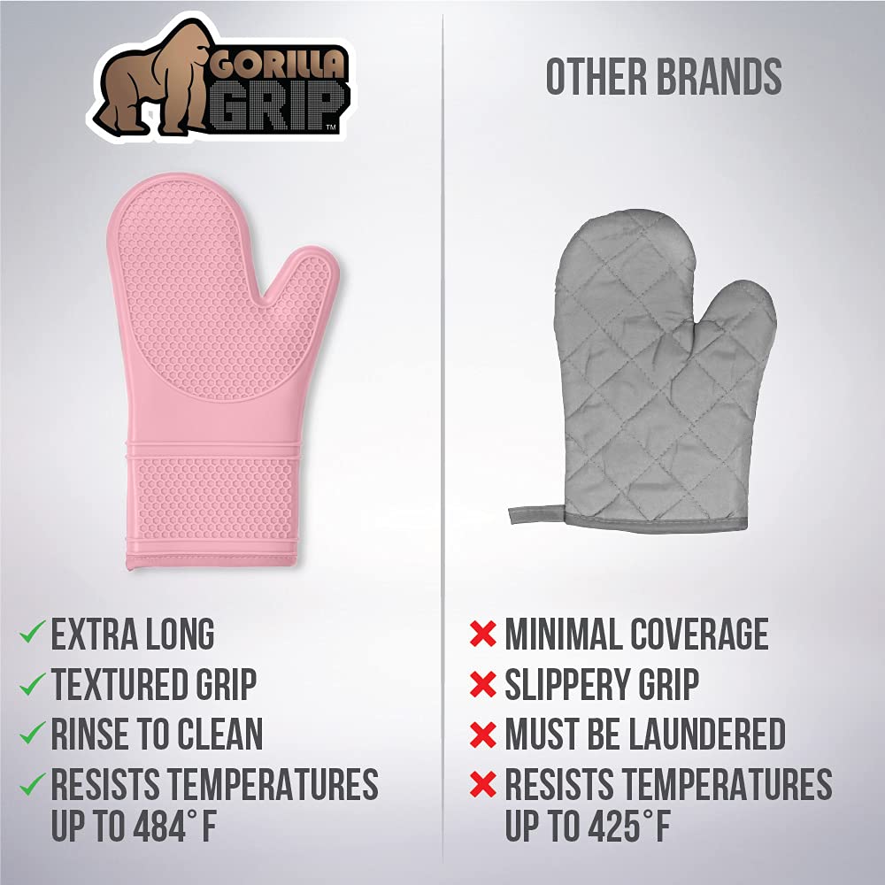 GORILLA GRIP BPA-Free Soft Silicone Oven Mitts, Heat and Slip Resistant Thick Cotton Lined Cooking Mitt Set, Long Flexible Potholders Protect Hands, Kitchen Essential Waterproof Gloves, 12.5" Pink