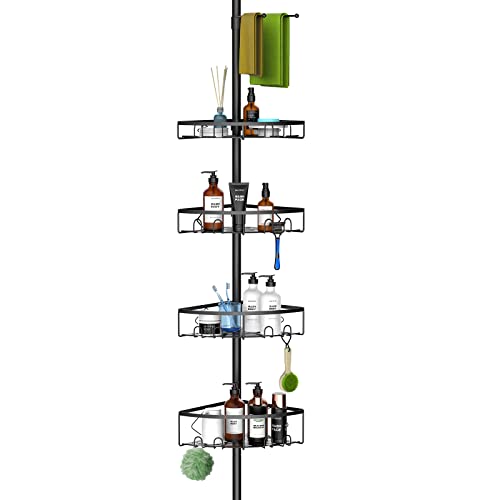 Kadolina Corner Shower Caddy Tension Pole, 4 Tier Shower Basket Shelves, 53-120 inch Adjustable Height Shower Storage Rack, Bathroom Bathtub Shampoo Holder Organizer Shower Accessories (Black)
