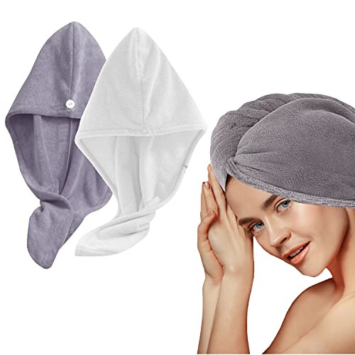 timnôw Microfiber Hair Towel Wrap - Super Absorbent Turban Head Wrap for Rapid Drying for All Hair Types - 10” x 26” Hair Towel w/Button - Hair Care Gift Box for Girls/Women (Pack of 2)