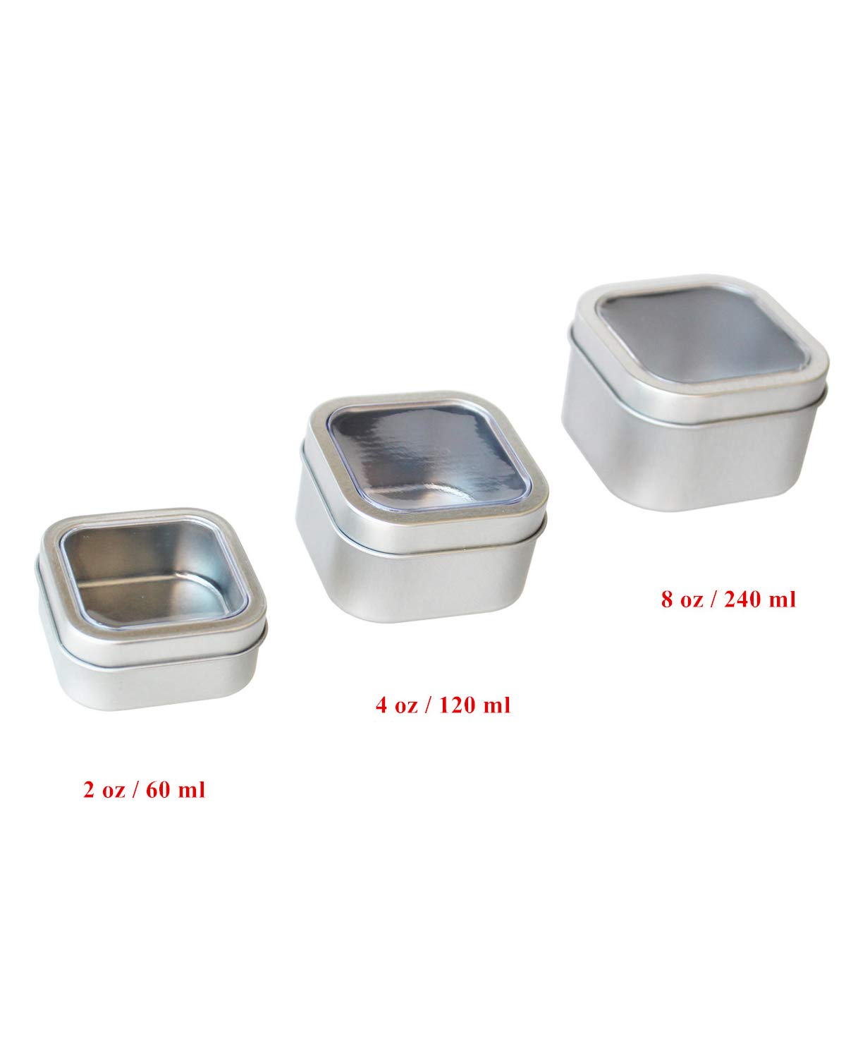 18-Pack Empty Square Silver Metal Tins with Clear Window for Candle Making, Candies, Gifts & Treasures, Mixed Sizes