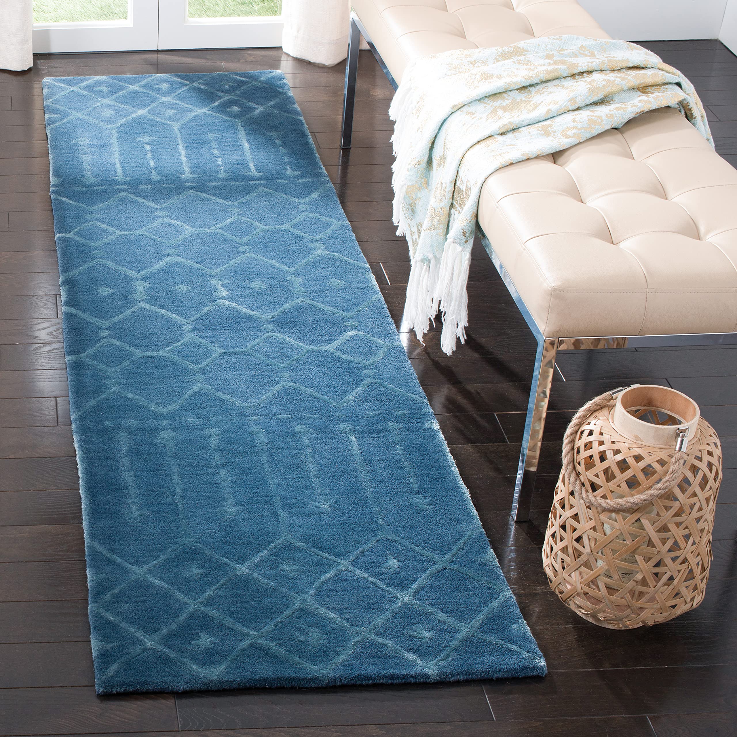 SAFAVIEH Himalaya Collection Runner Rug - 2'3" x 12', Navy & Silver, Handmade Moroccan Wool, Ideal for High Traffic Areas in Living Room, Bedroom (HIM903N)