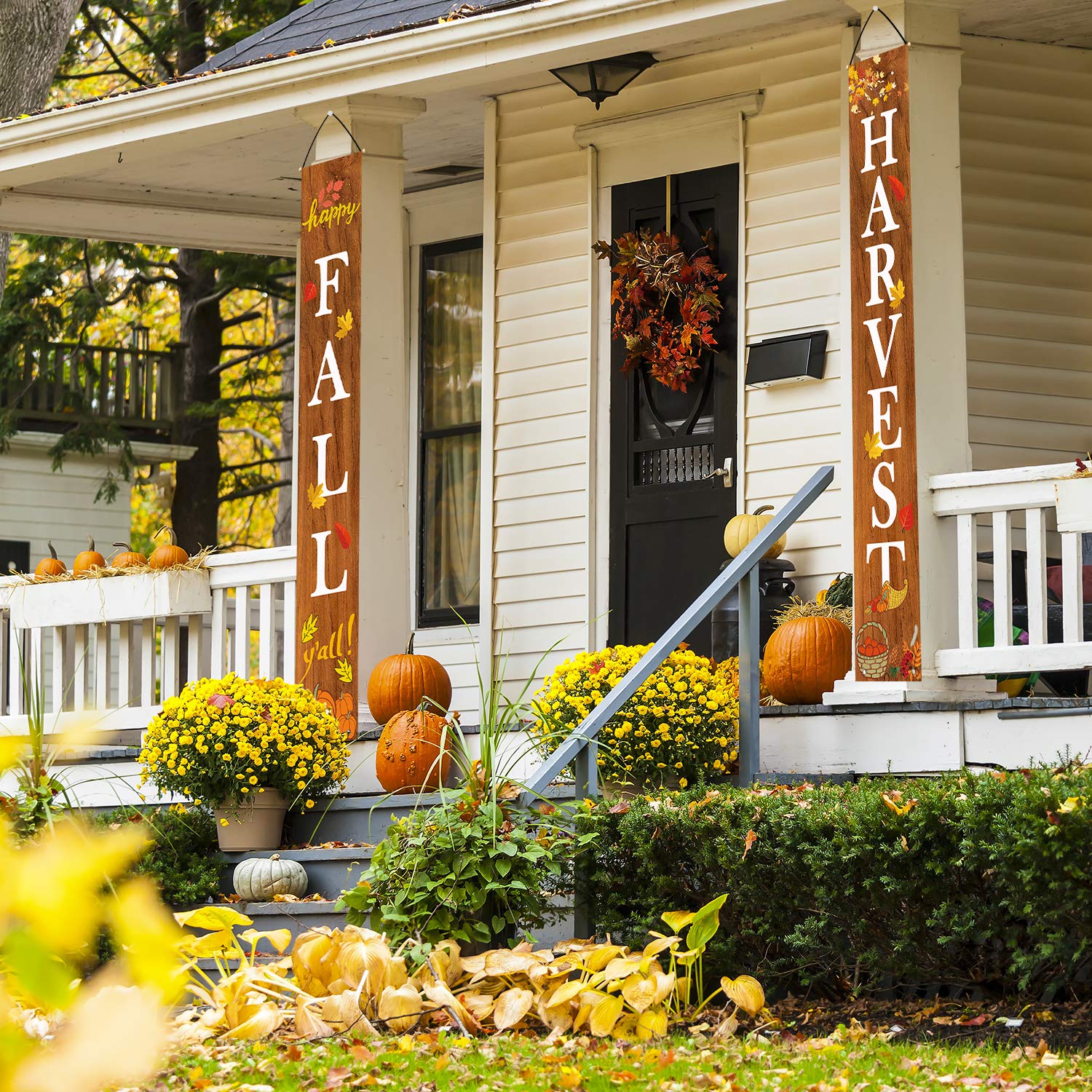 Whaline Fall Harvest Hanging Banner, Fall Porch Sign Autumn Pumpkin Maple Leaf Backdrop Flag for Home Yard Indoor Outdoor Wall Door Thanksgiving Party Decorations, 12 x 72 Inch