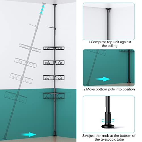 Kadolina Corner Shower Caddy Tension Pole, 4 Tier Shower Basket Shelves, 53-120 inch Adjustable Height Shower Storage Rack, Bathroom Bathtub Shampoo Holder Organizer Shower Accessories (Black)