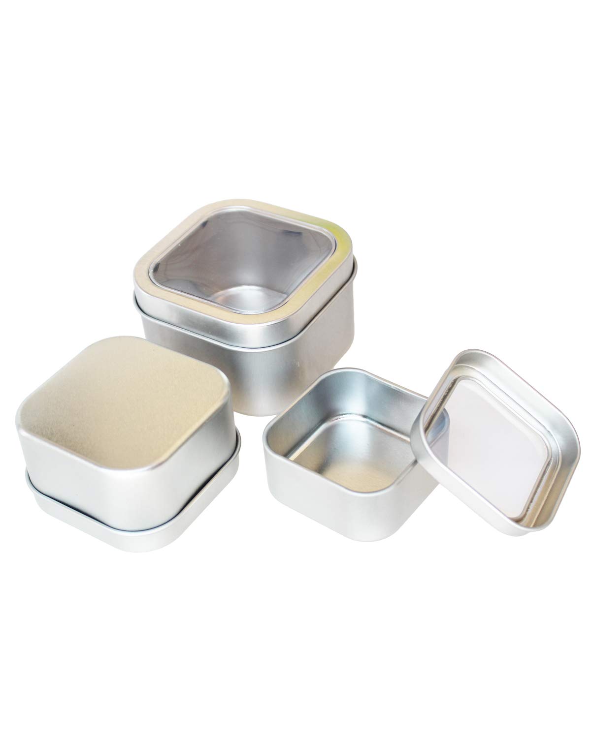 18-Pack Empty Square Silver Metal Tins with Clear Window for Candle Making, Candies, Gifts & Treasures, Mixed Sizes