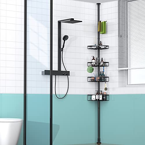 Kadolina Corner Shower Caddy Tension Pole, 4 Tier Shower Basket Shelves, 53-120 inch Adjustable Height Shower Storage Rack, Bathroom Bathtub Shampoo Holder Organizer Shower Accessories (Black)