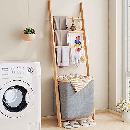 Blanket Ladder with Basket, 17.3”L x 55.1”H, Bamboo Towel Rack with Storage Hamper Basket, Blanket Holder Rack, Wall Leaning Decorative Ladder Shelf, Drying Display Rack for Bathroom Living Room Home