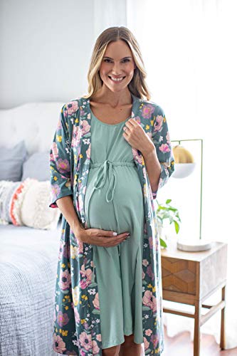 3 in 1 Maternity Labor Delivery Nursing Hospital Birthing Gown & Matching Robe (L/XL pre pregnancy 12-20, Charlotte/Sage)