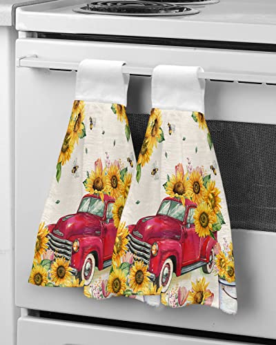 Vintage Truck 1pcs Hanging Kitchen Towel Hand Absorbent Towels Soft Durable Dish Towel for Bathroom Laundry Room Washcloth Tie Towel Quick Dry 18"x14", American Farmhouse Retro Car with Sunflower