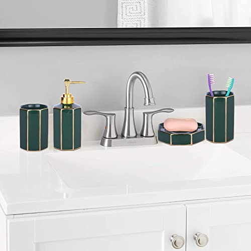 4 Pieces Bathroom Accessories Set Ceramic Bathroom Ensemble Includes Lotion Dispenser Toothbrush Tumbler Soap Dish Green and Gold for Bath Decor