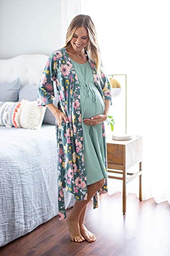 3 in 1 Maternity Labor Delivery Nursing Hospital Birthing Gown & Matching Robe (L/XL pre pregnancy 12-20, Charlotte/Sage)