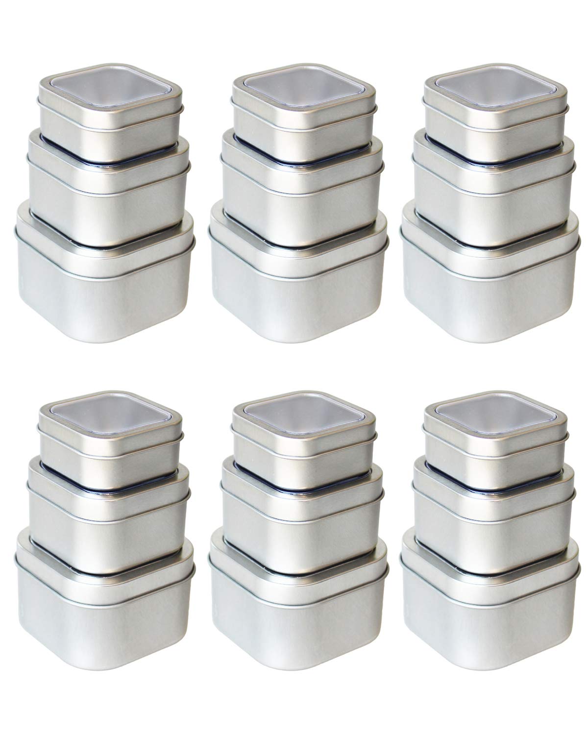 18-Pack Empty Square Silver Metal Tins with Clear Window for Candle Making, Candies, Gifts & Treasures, Mixed Sizes