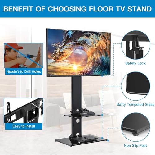 PERLESMITH Swivel Floor TV Stand/Base with Shelves for Most 32-75 inch LCD LED TVs - Universal TV Mount Stand Perfect for Corner & Bedroom, Height Adjustable & Cable Management, VESA 600x400mm