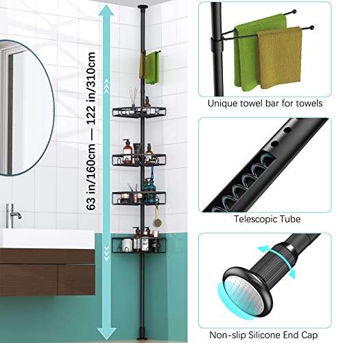 Kadolina Corner Shower Caddy Tension Pole, 4 Tier Shower Basket Shelves, 53-120 inch Adjustable Height Shower Storage Rack, Bathroom Bathtub Shampoo Holder Organizer Shower Accessories (Black)