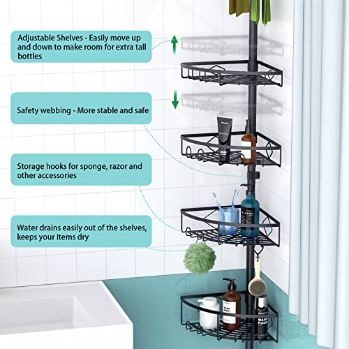 Kadolina Corner Shower Caddy Tension Pole, 4 Tier Shower Basket Shelves, 53-120 inch Adjustable Height Shower Storage Rack, Bathroom Bathtub Shampoo Holder Organizer Shower Accessories (Black)