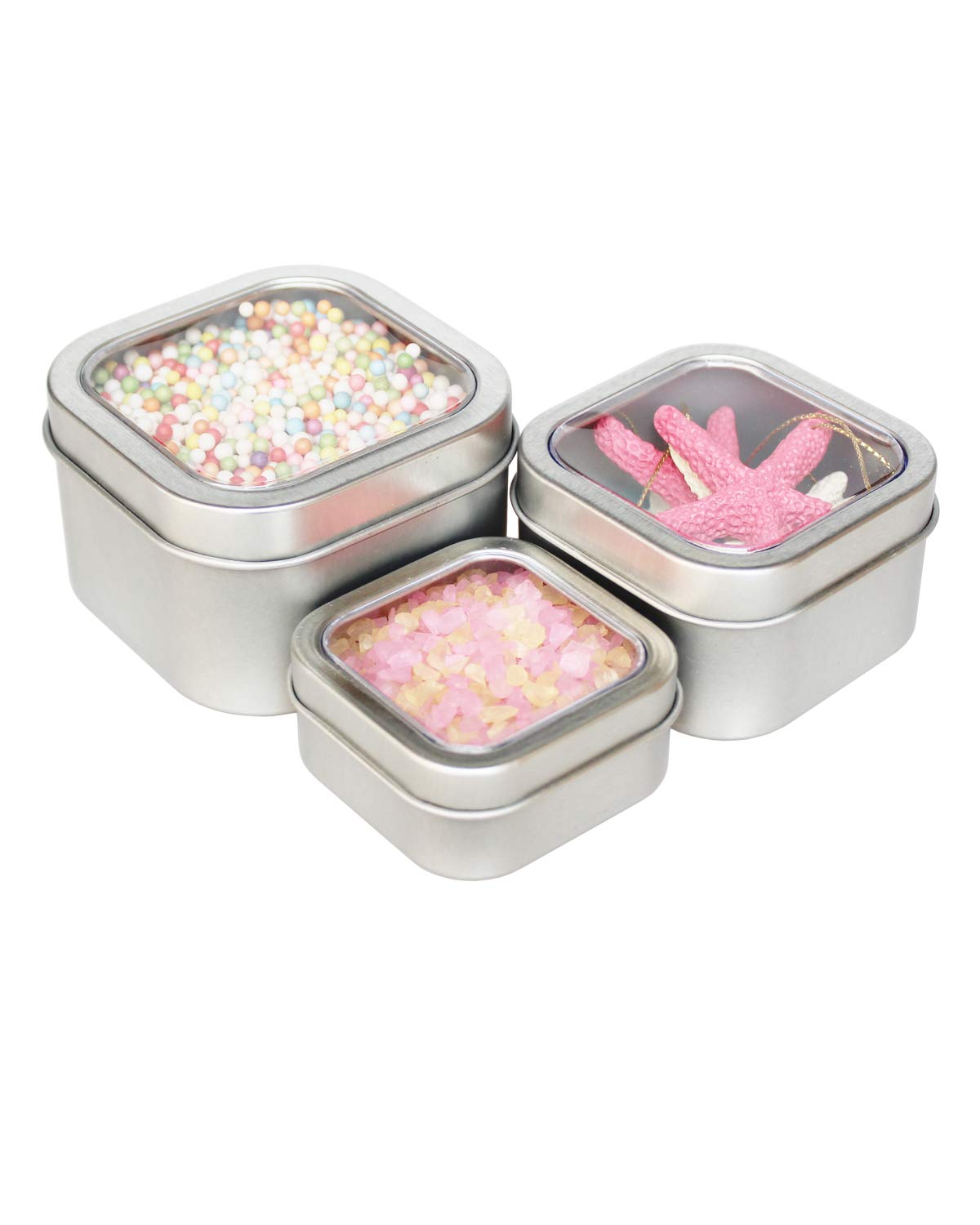 18-Pack Empty Square Silver Metal Tins with Clear Window for Candle Making, Candies, Gifts & Treasures, Mixed Sizes