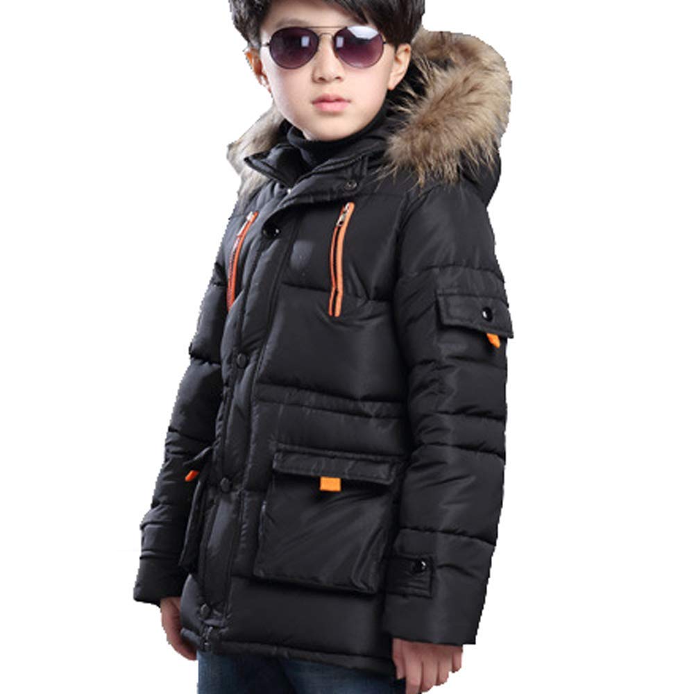 FARVALUE Boy Winter Coat Warm Quilted Puffer Water Resistant Parka Jacket with Detachable Fur Hood for Big Boys Black, 12-13 Years
