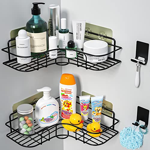 Corner Shower Caddy, 2 Pack Adhesive Shower Organizer with 2 Hooks, Shower Shelf for Inside Shower, Stainless Steel Shower Rack for Bathroom Storage, Bathtub Organizer for Shower, No Drilling, Black