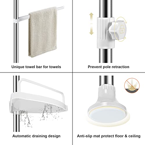 Corner Shower Caddy Tension Pole: Adjustable Stainless Steel Shower Organizer with 4 Tier Shelf for Bathroom Bathtub Tub Shampoo - Floor Standing Rack Bath Storage Holder with Rust Proof Rods