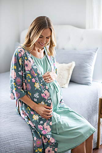 3 in 1 Maternity Labor Delivery Nursing Hospital Birthing Gown & Matching Robe (L/XL pre pregnancy 12-20, Charlotte/Sage)