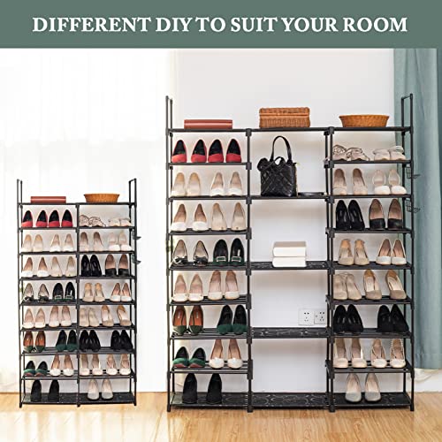 CLIFFBUCK 9 Tiers Shoe Rack Organizer for Closet Large Shoe Rack Storge for 50-55 Pairs Shoe and Boots Stackable Black Metal Free Standing Shoe Racks with Side Hooks for Garage,Bedroom
