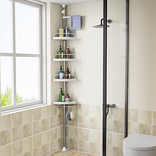 Corner Shower Caddy Tension Pole: Adjustable Stainless Steel Shower Organizer with 4 Tier Shelf for Bathroom Bathtub Tub Shampoo - Floor Standing Rack Bath Storage Holder with Rust Proof Rods