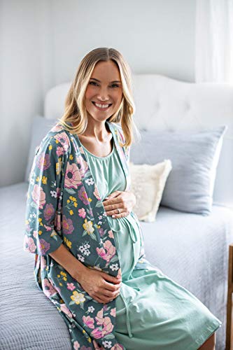 3 in 1 Maternity Labor Delivery Nursing Hospital Birthing Gown & Matching Robe (L/XL pre pregnancy 12-20, Charlotte/Sage)