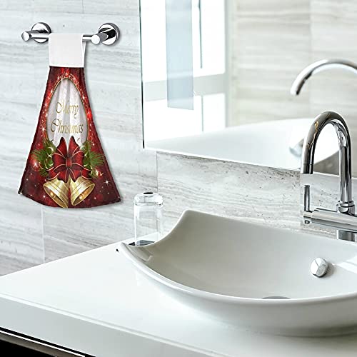 Christmas Xmas Bell Hanging Kitchen Towel with Loop 2 Pack Merry Christmas Hand Towels Soft Microfiber Coral Velvet Tie Towel Decor for Bathroom Oven Absorbent Washcloth