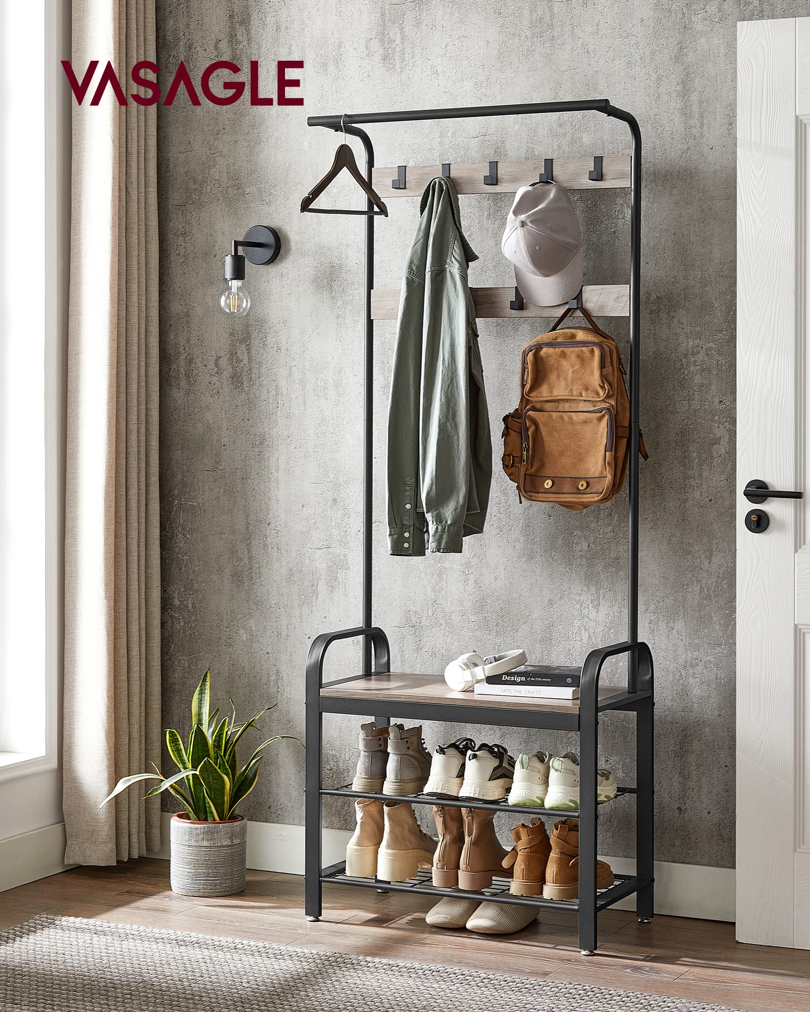 VASAGLE Coat Rack, Hall Tree with Shoe Bench for Entryway, Entryway Bench with Coat Rack, 4-in-1, with 9 Removable Hooks, a Hanging Rod, 13.3 x 28.3 x 72.1 Inches, Greige and Black UHSR40MB