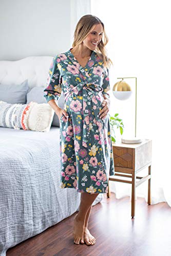 3 in 1 Maternity Labor Delivery Nursing Hospital Birthing Gown & Matching Robe (L/XL pre pregnancy 12-20, Charlotte/Sage)