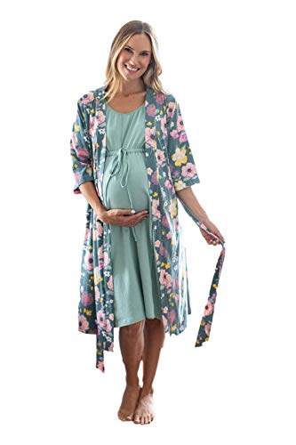 3 in 1 Maternity Labor Delivery Nursing Hospital Birthing Gown & Matching Robe (L/XL pre pregnancy 12-20, Charlotte/Sage)