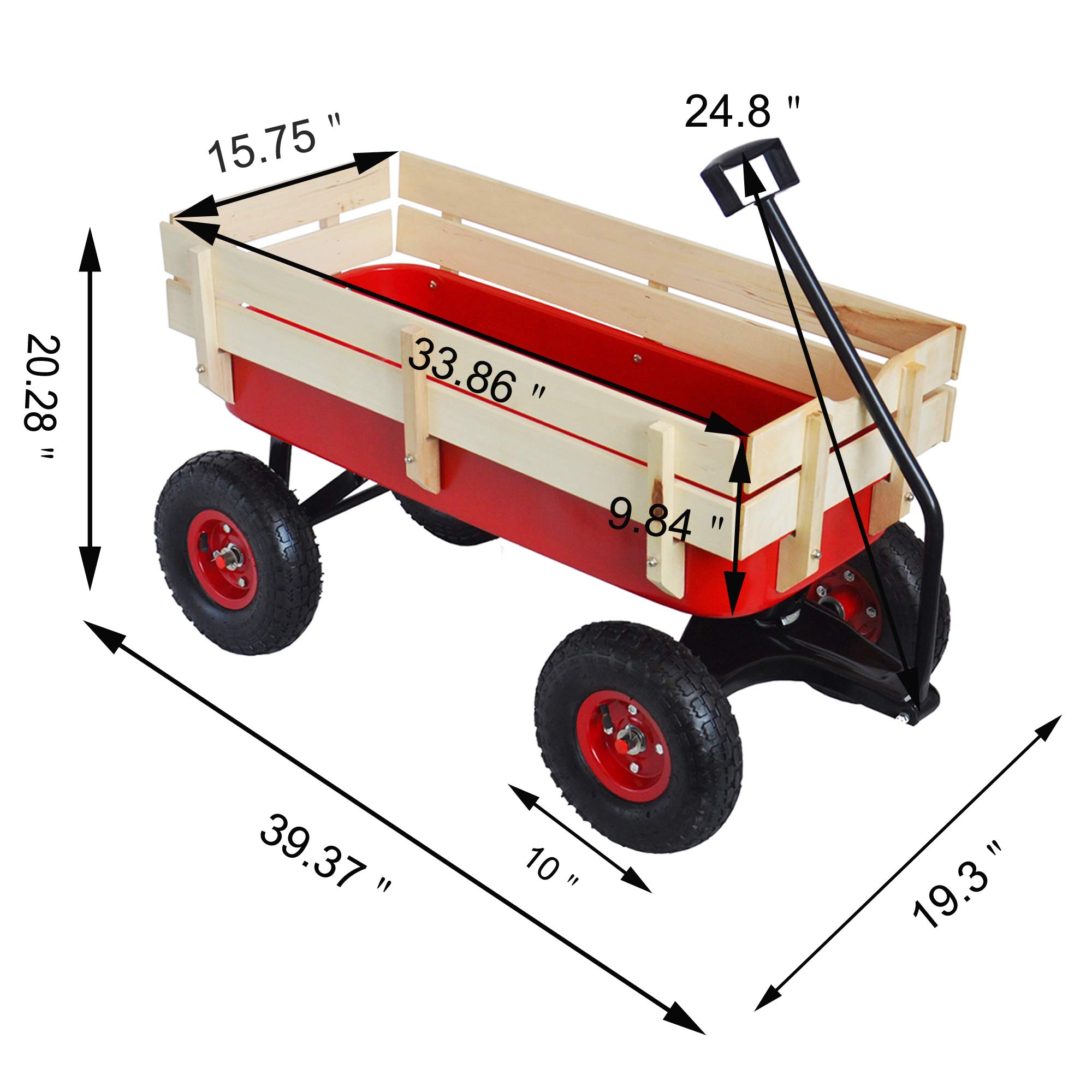 Knocbel Utility Wagon All Terrain Rolling Cart with 24.8" Pulling Handle, Removable Wood Panel, Steel Frame & Pneumatic Tires on 10" Wheels for Shopping Outdoor Patio Garden Beach (Red)