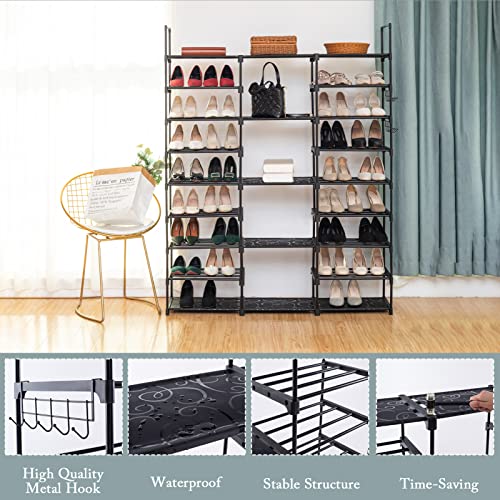 CLIFFBUCK 9 Tiers Shoe Rack Organizer for Closet Large Shoe Rack Storge for 50-55 Pairs Shoe and Boots Stackable Black Metal Free Standing Shoe Racks with Side Hooks for Garage,Bedroom