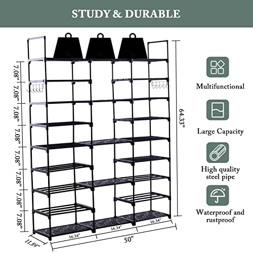 CLIFFBUCK 9 Tiers Shoe Rack Organizer for Closet Large Shoe Rack Storge for 50-55 Pairs Shoe and Boots Stackable Black Metal Free Standing Shoe Racks with Side Hooks for Garage,Bedroom