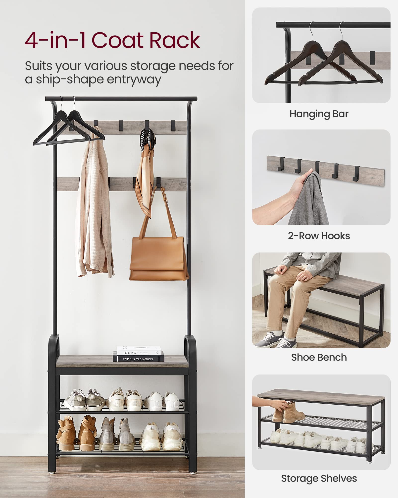 VASAGLE Coat Rack, Hall Tree with Shoe Bench for Entryway, Entryway Bench with Coat Rack, 4-in-1, with 9 Removable Hooks, a Hanging Rod, 13.3 x 28.3 x 72.1 Inches, Greige and Black UHSR40MB