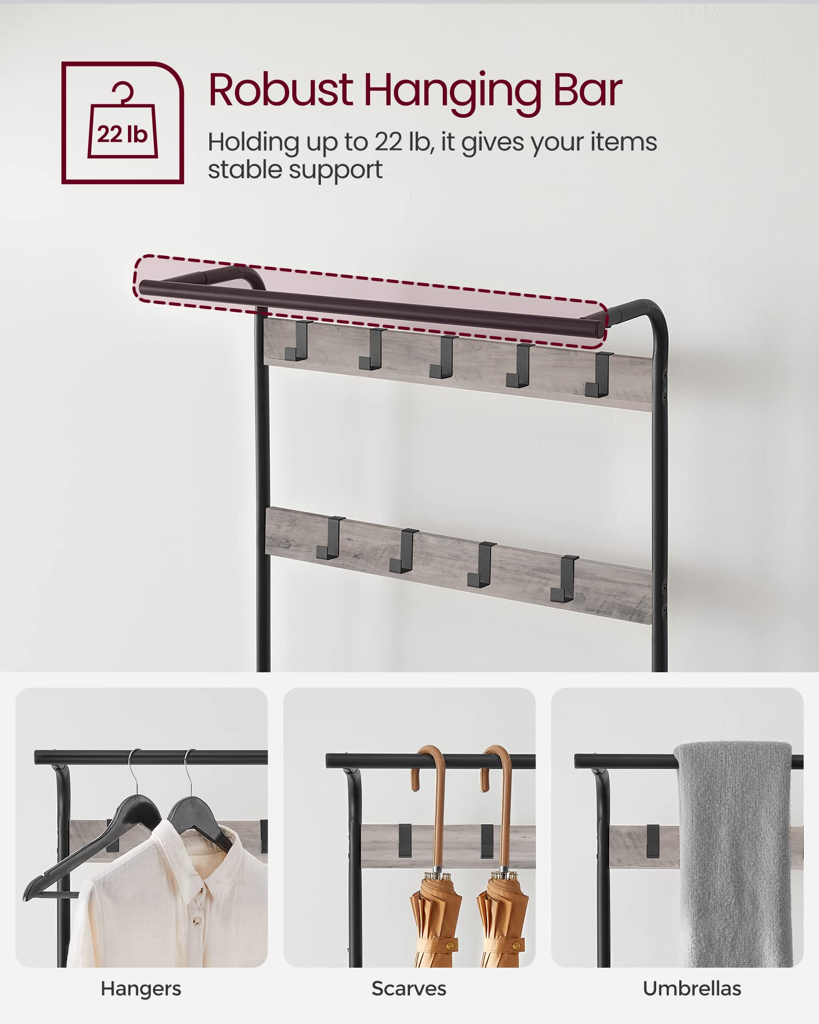 VASAGLE Coat Rack, Hall Tree with Shoe Bench for Entryway, Entryway Bench with Coat Rack, 4-in-1, with 9 Removable Hooks, a Hanging Rod, 13.3 x 28.3 x 72.1 Inches, Greige and Black UHSR40MB
