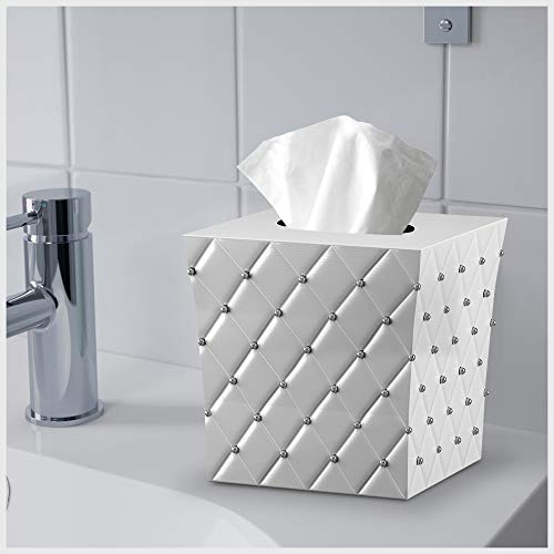 Ceramic Jewel Collection Bathroom Accessories Set for Vanity Countertops 8 Piece Includes Container, Soap Dish,Toothbrush Holder,Tumbler,soap pump,Waste Basket,Tissue Box Holder,Tray-White/Silver