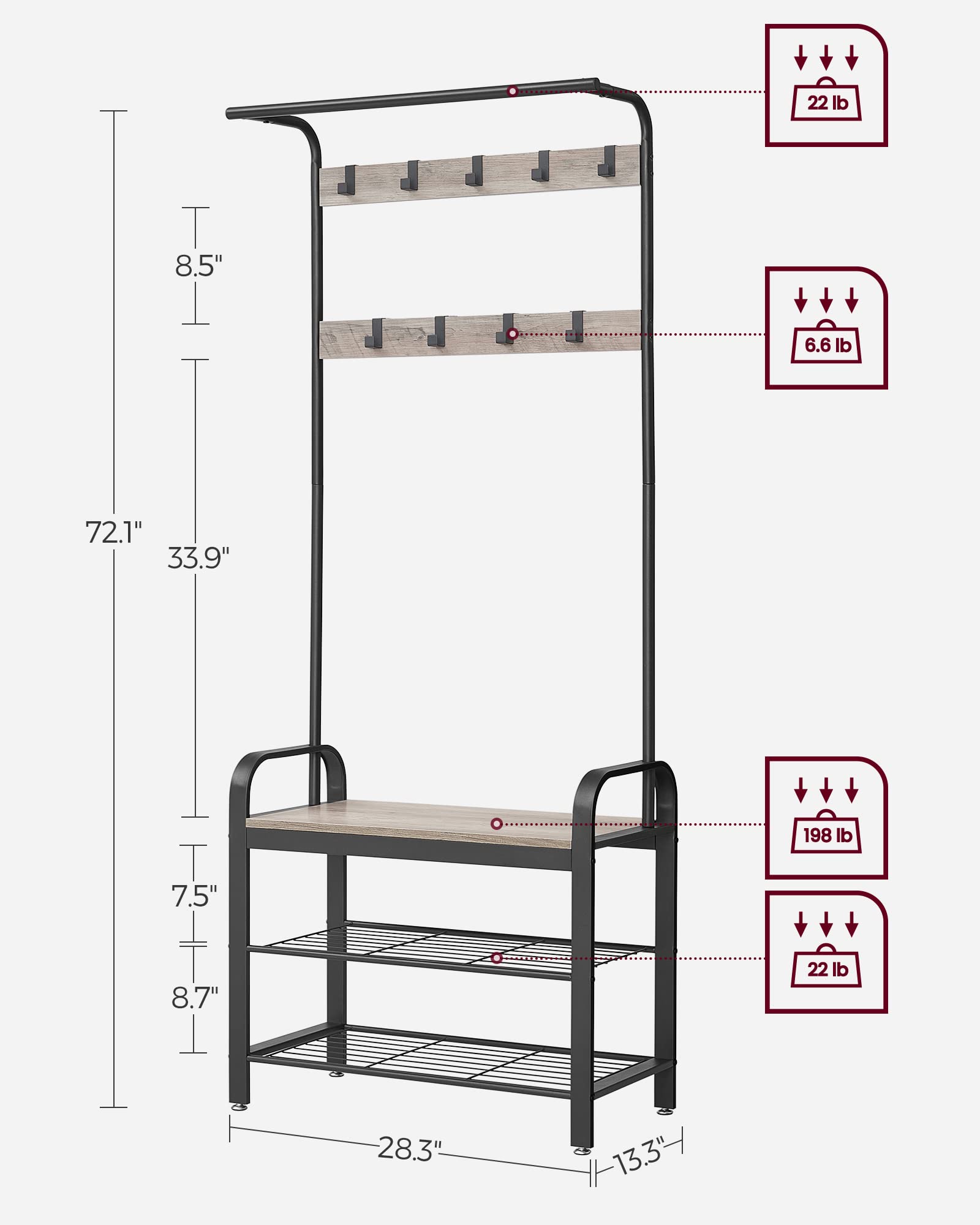 VASAGLE Coat Rack, Hall Tree with Shoe Bench for Entryway, Entryway Bench with Coat Rack, 4-in-1, with 9 Removable Hooks, a Hanging Rod, 13.3 x 28.3 x 72.1 Inches, Greige and Black UHSR40MB
