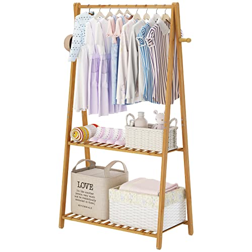 Tovacu Kids Clothing Rack for Hanging Clothes Portable Clothes Rack Wooden Drying Rack Clothing Standing Bamboo Garment Rack with Shelves Laundry Rack for Drying Clothes Indoor